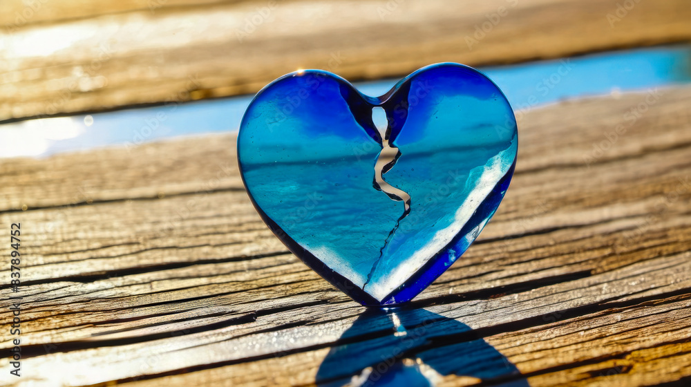Blue Heart on Textured Wood Surface, Depicting Breakup, Emotional Distress, Failed Relationship ...