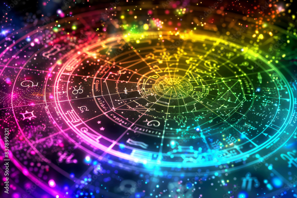 Radiant astrological chart with rainbow colors and cosmic symbols ...