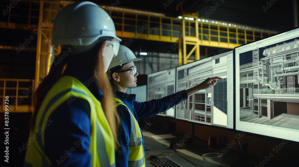 Two engineers wearing hard hats and safety vests stand in front of ...
