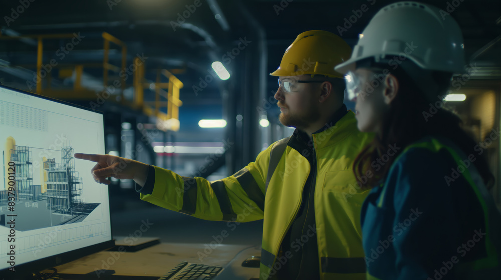 Two engineers wearing hard hats and safety vests stand in front of ...