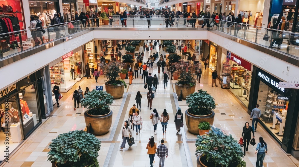 People walking in a spacious and modern shopping mall with various ...