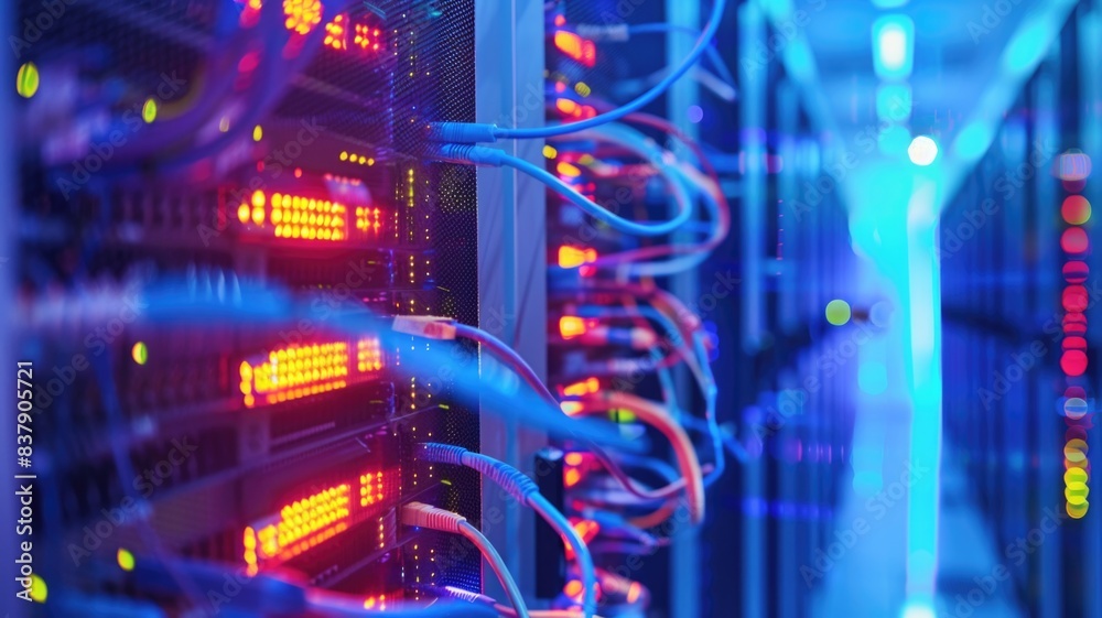 Visualize a server room with racks of equipment connected by bright ...