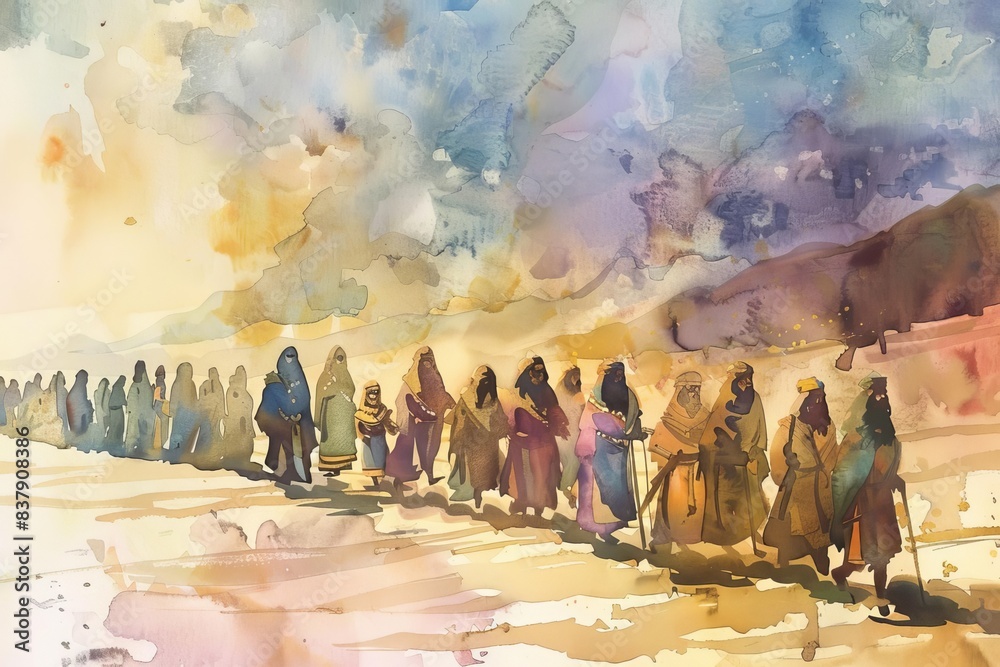 evocative watercolor illustration depicting biblical exodus from egypt ...