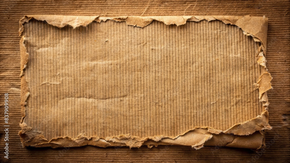 Weathered, worn, and torn old cardboard sheet with ripped edges and ...