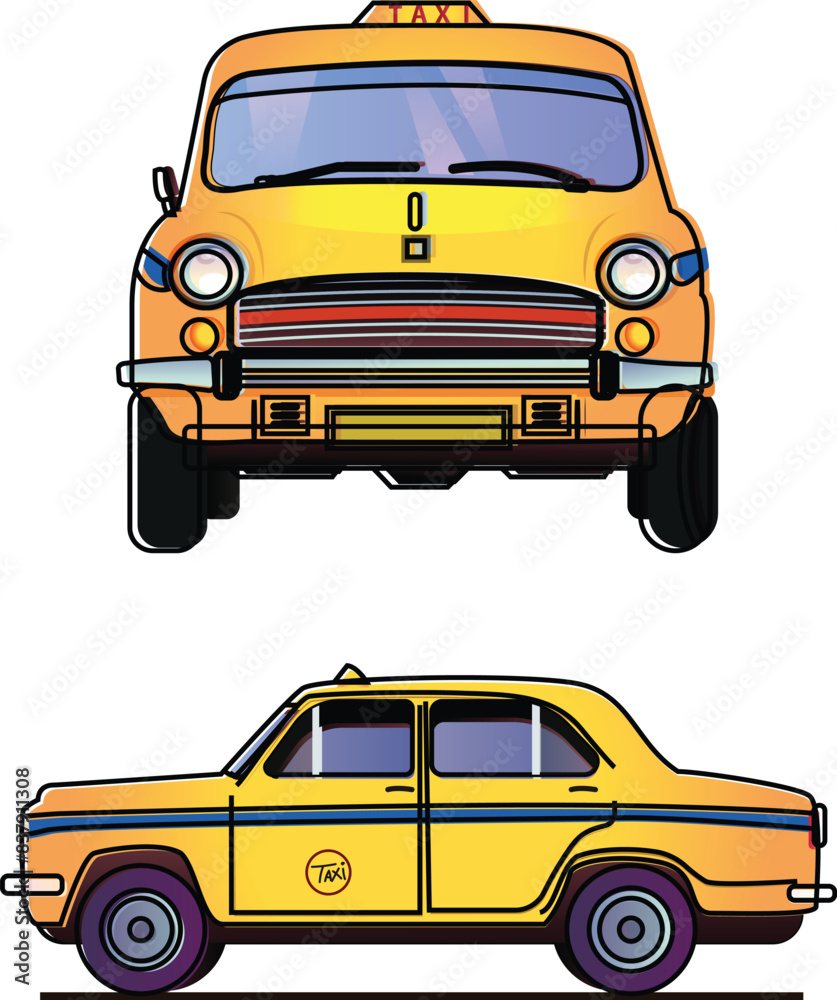 Sticker of Kolkata yellow taxi. front and side view of an Indian yellow ...