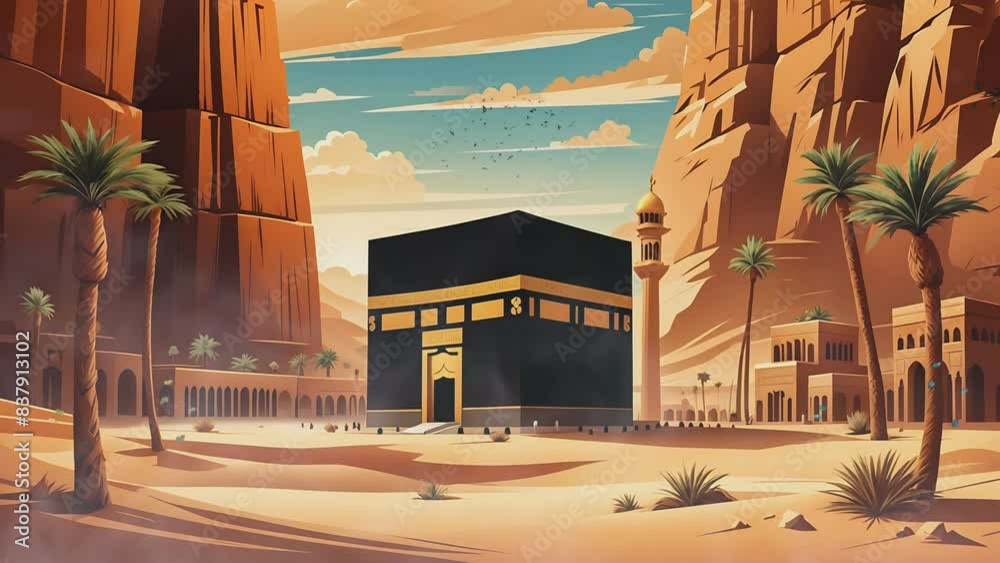 illustration of the view of the Kaaba in Mecca with desert, rocks ...