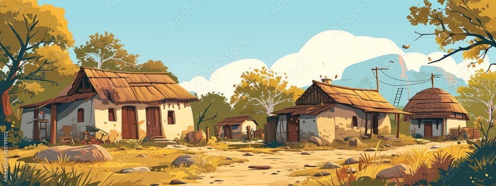 old-style living in an Indian village set in a rural area, cartoon ...