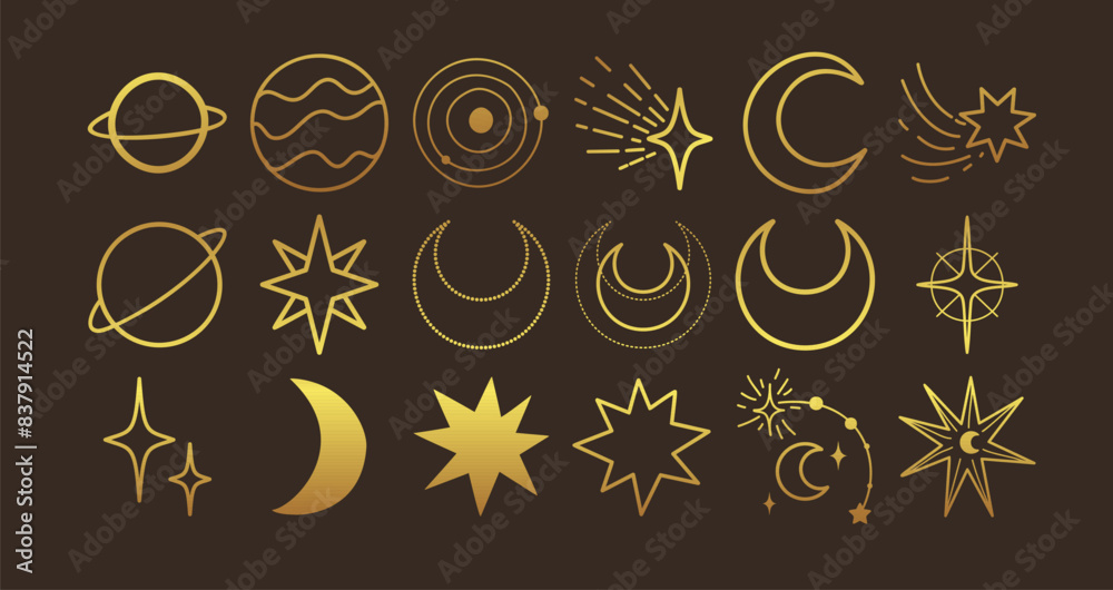 Celestial objects set. Moon, sun, stars, planets, clouds Lineart Vector ...