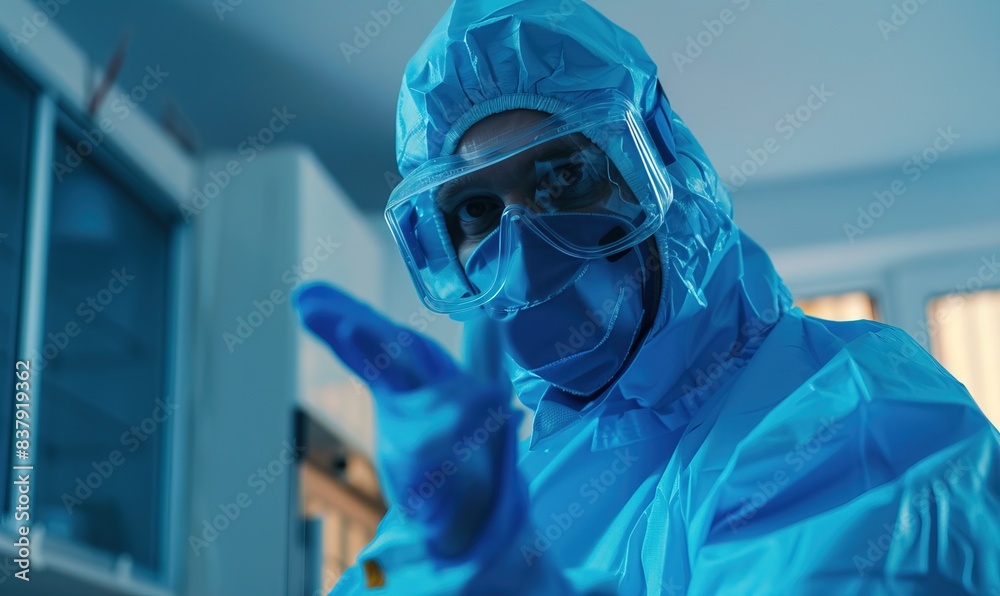 Confident healthcare scientist in blue biohazard suit and safety ...