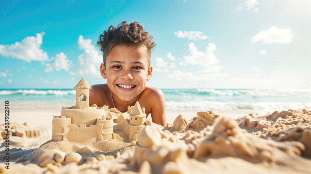 Child building sandcastle on the beach, latino kid enjoying summer ...