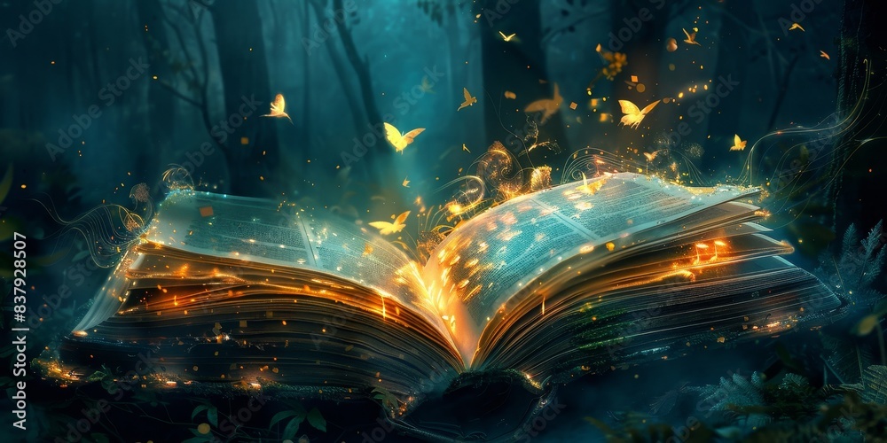Magical book opening with glowing letters and mystical creatures ...