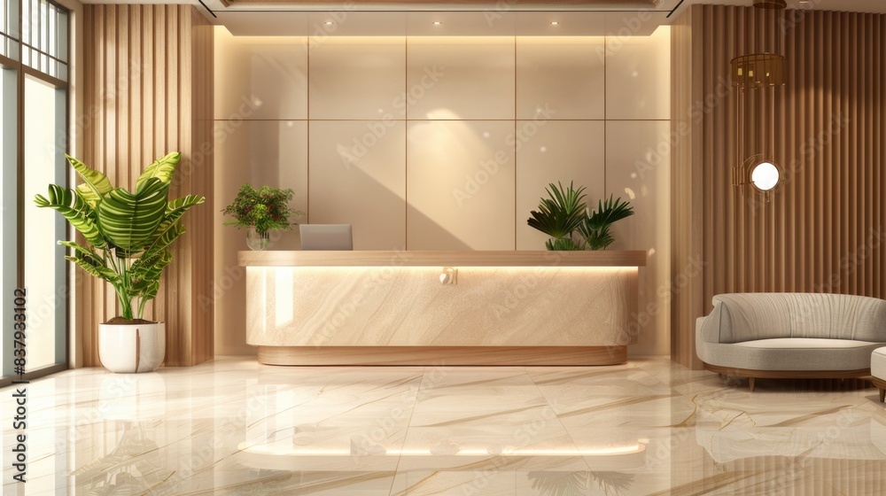 Interior of luxury hotel lobby zone with reception desk and relax zone ...
