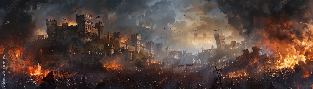 High-angle view of a medieval castle siege, detailed oil painting style ...