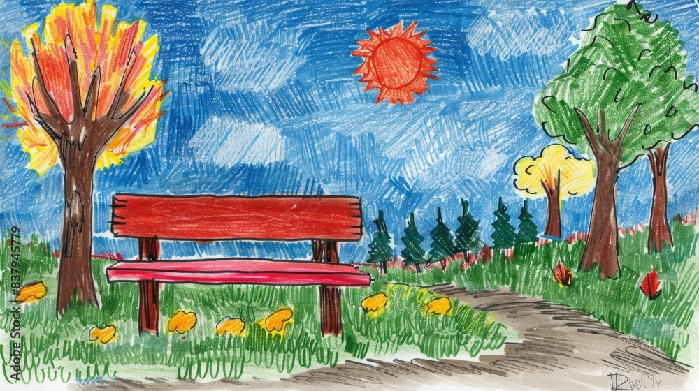 Colorful crayon drawing of a park with a red bench, trees, flowers ...