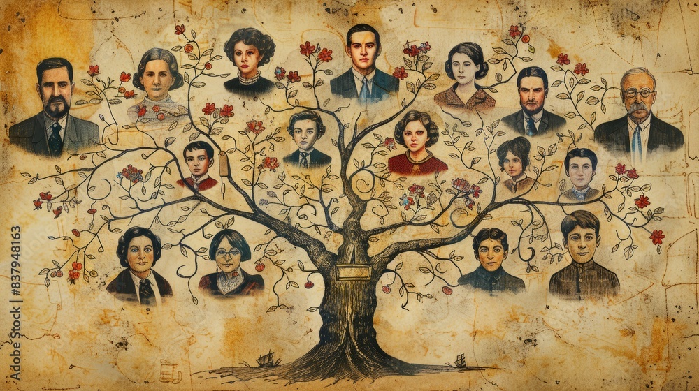 Vintage family tree illustration with multiple generations depicted ...