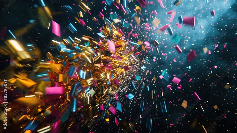 colorful confetti particles with bokeh light in motion air, on black background for overlay ...
