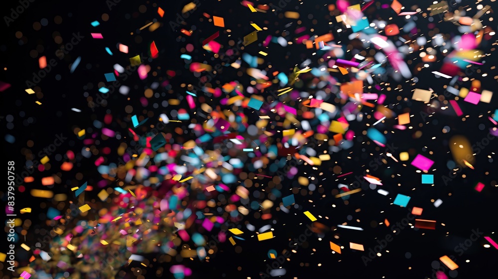 colorful confetti particles with bokeh light in motion air, on black background for overlay ...