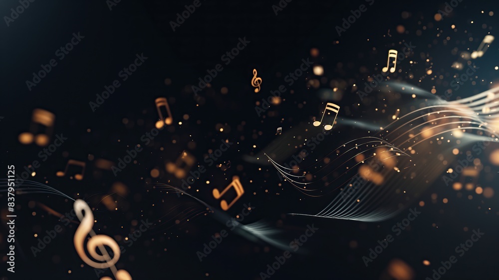 musical notes in air motion particles with bokeh light, on black ...