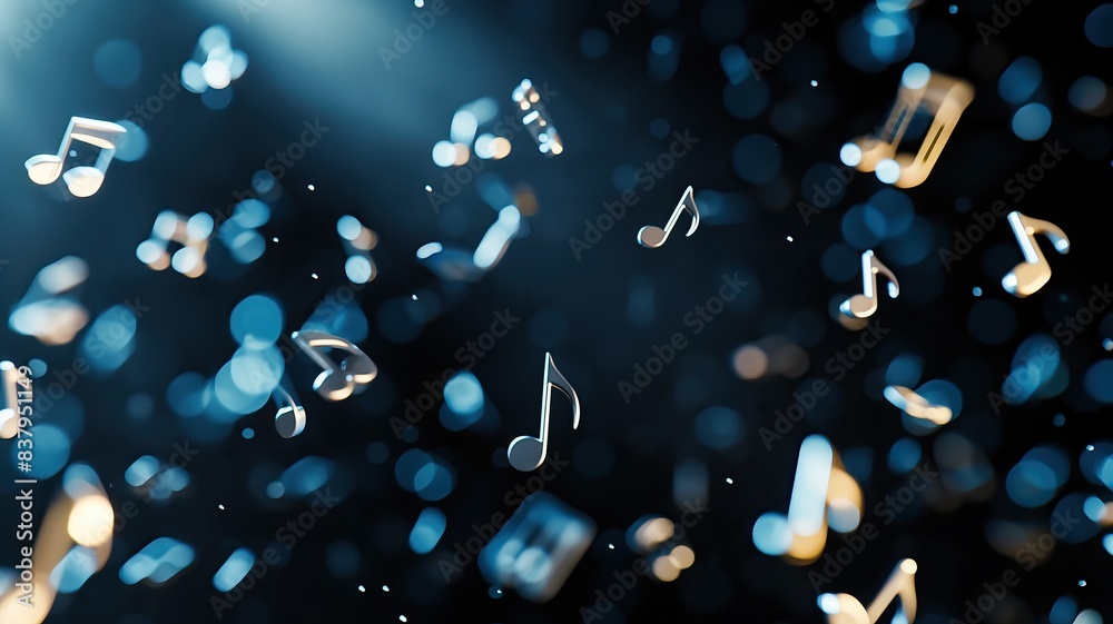 musical notes in air motion particles with bokeh light, on black ...