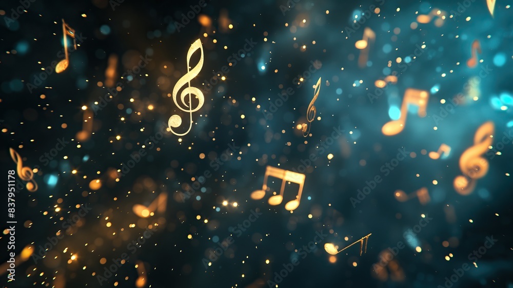 musical notes in air motion particles with bokeh light, on black ...