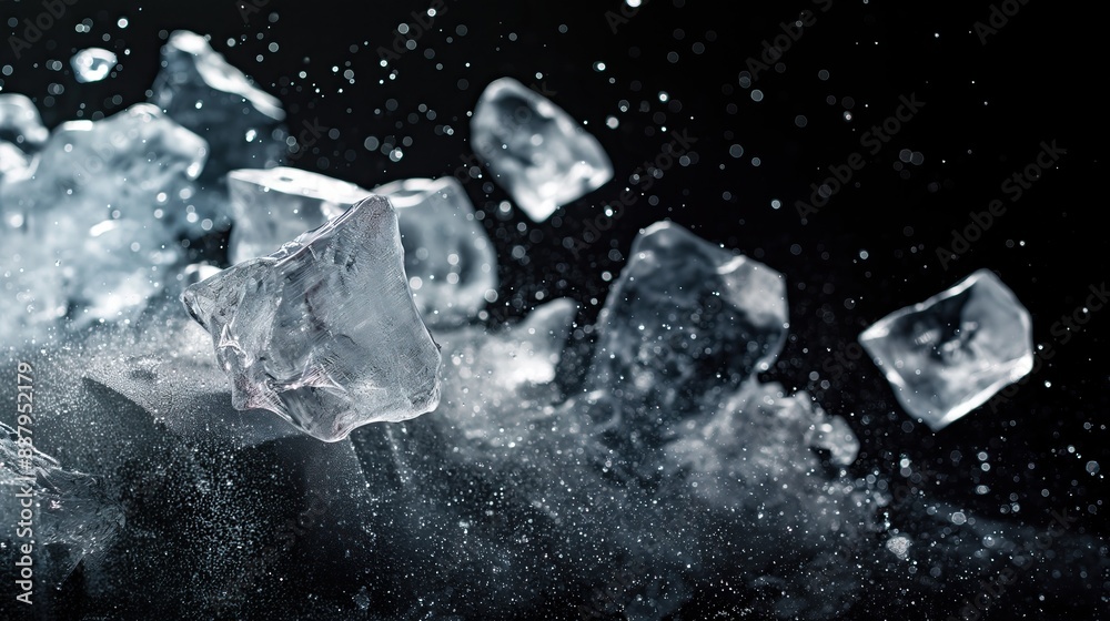 ice cubes with water particles splash in motion air, on black ...