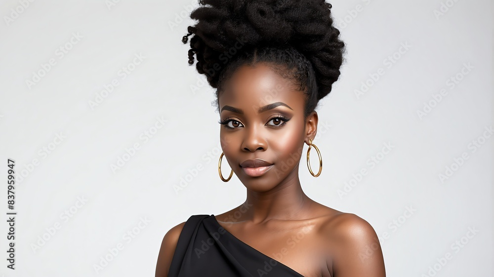 african woman wearing black dress with plain white bac background Stock ...