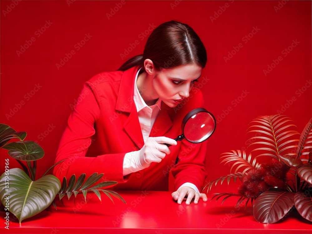 Scientists examining plants with magnifying glasses in various studio ...
