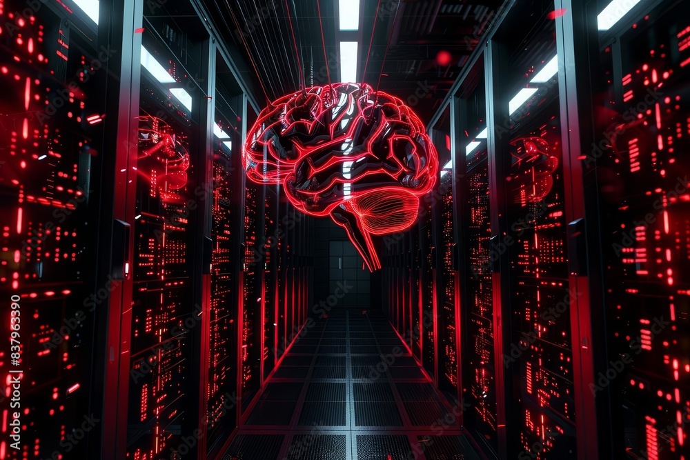 ominous ai brain hovering in dark server room glowing red circuitry ...