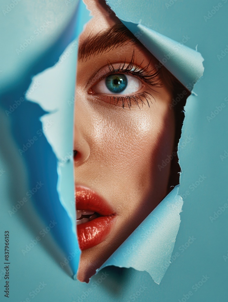 A woman's face is shown through a blue paper, with her eyes open and ...
