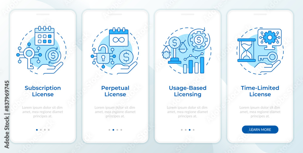 Software licensing types blue onboarding mobile app screen. Walkthrough ...