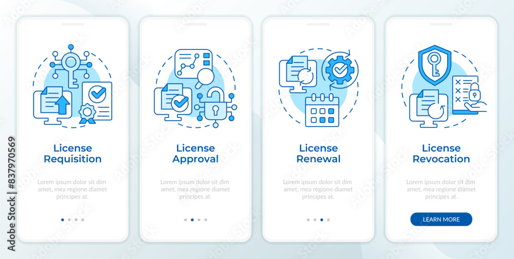 License management workflow blue onboarding mobile app screen ...