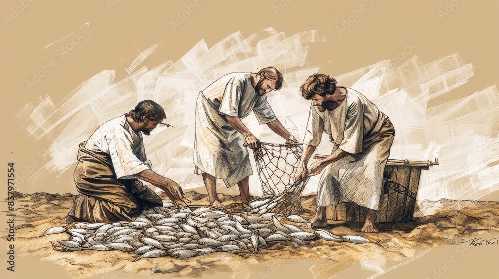 Biblical Illustration of the Parable of the Net: Fishermen Sorting Fish ...