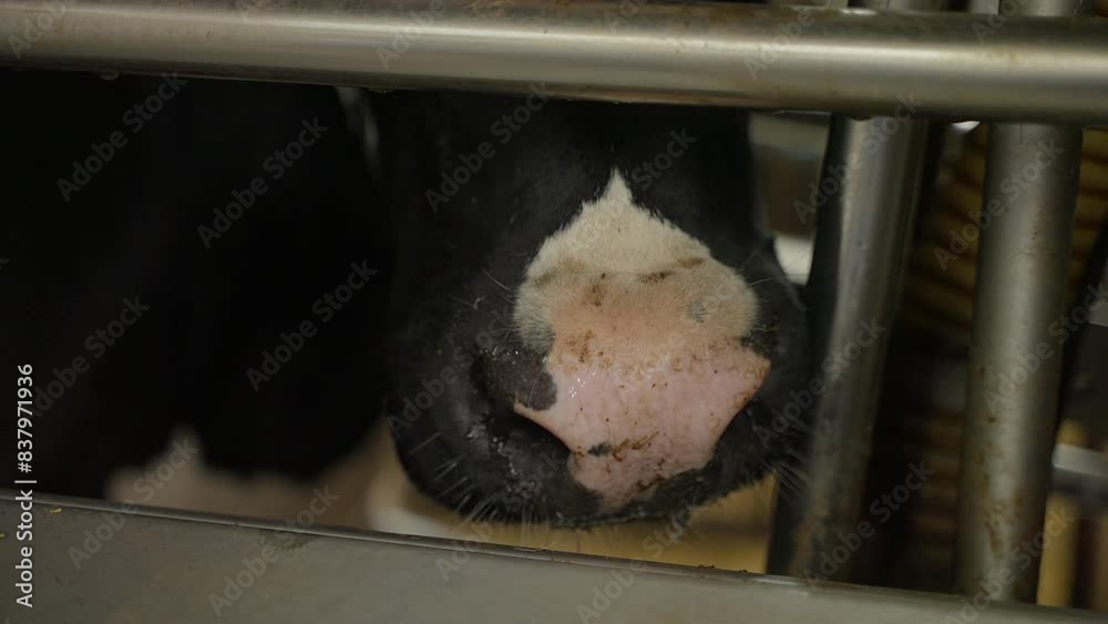 Close-up of a cow nose sticking out of the metal cage at the dairy farm ...