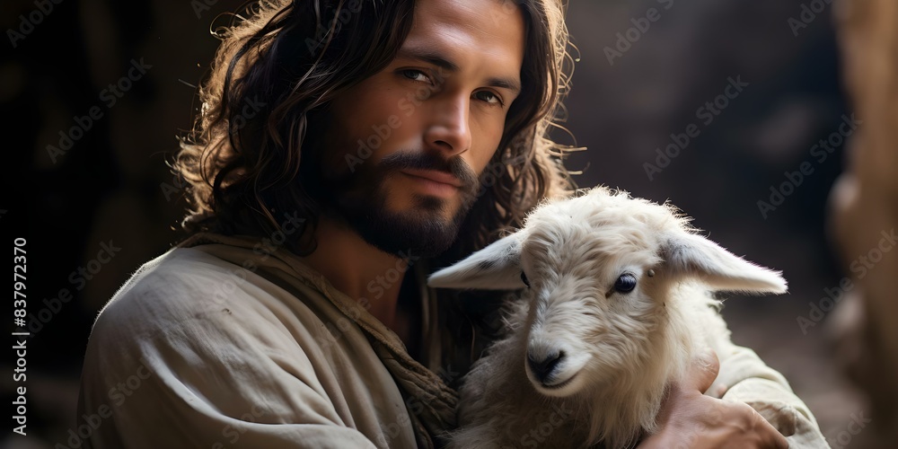 Depiction of Jesus Christ Tenderly Embracing a Lamb as a Symbol of ...