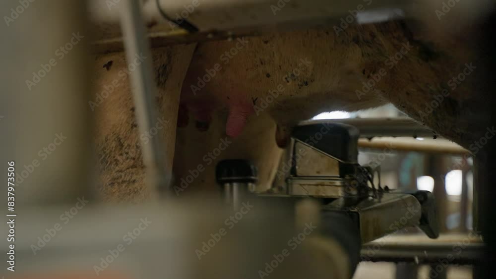 Farming equipment attached to the cow udder for animal milking process ...