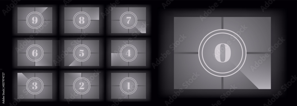 Cinema screen with retro countdown animation. Movie theater. Realistic ...