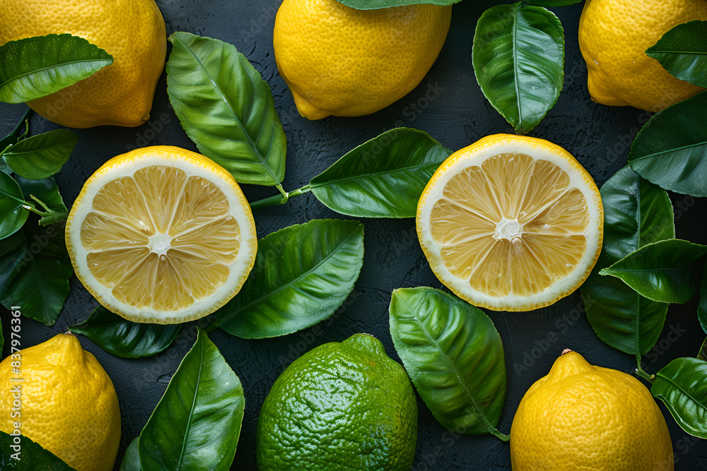 Whole and half sliced lemon with green leaves isolated on white ...