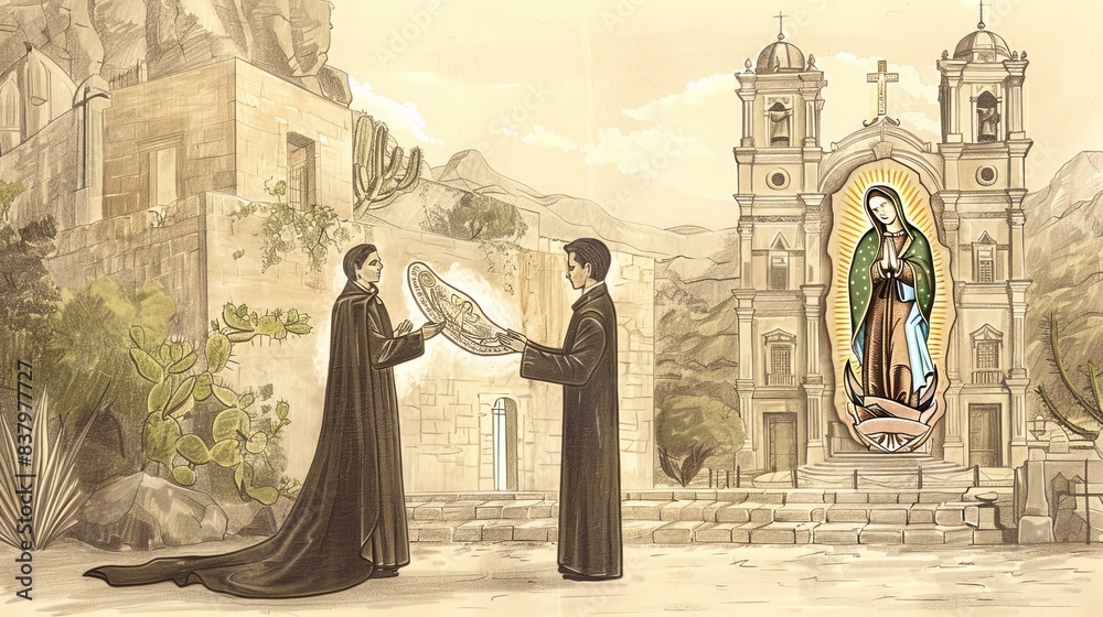 Saint Juan Diego presenting the tilma to the bishop, image of Our Lady ...