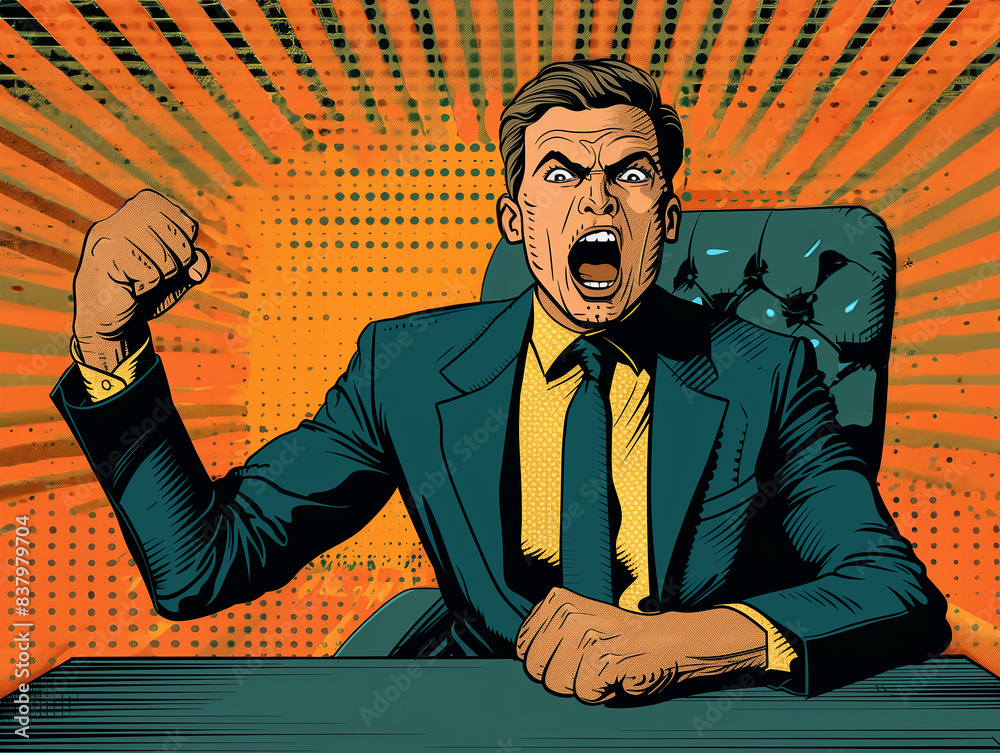 a comic-style illustration of an angry man in a suit behind a desk ...