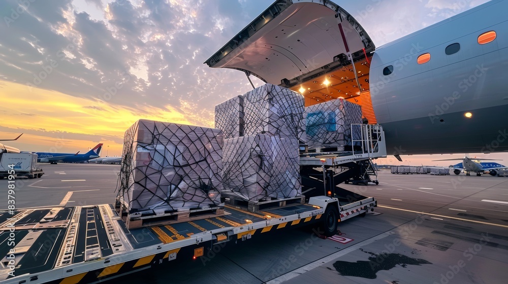 Ground view of cargo containers being loaded into a modern freighter ...