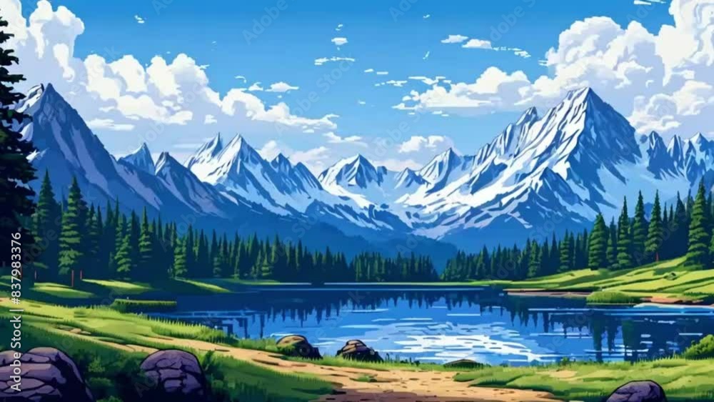 Video game background landscape with mountains and forests in 16 bit pixels. Retro video arcade ...
