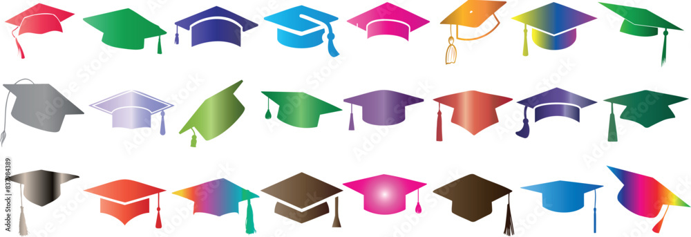 Colorful graduation cap vector set for academic, education, university ...