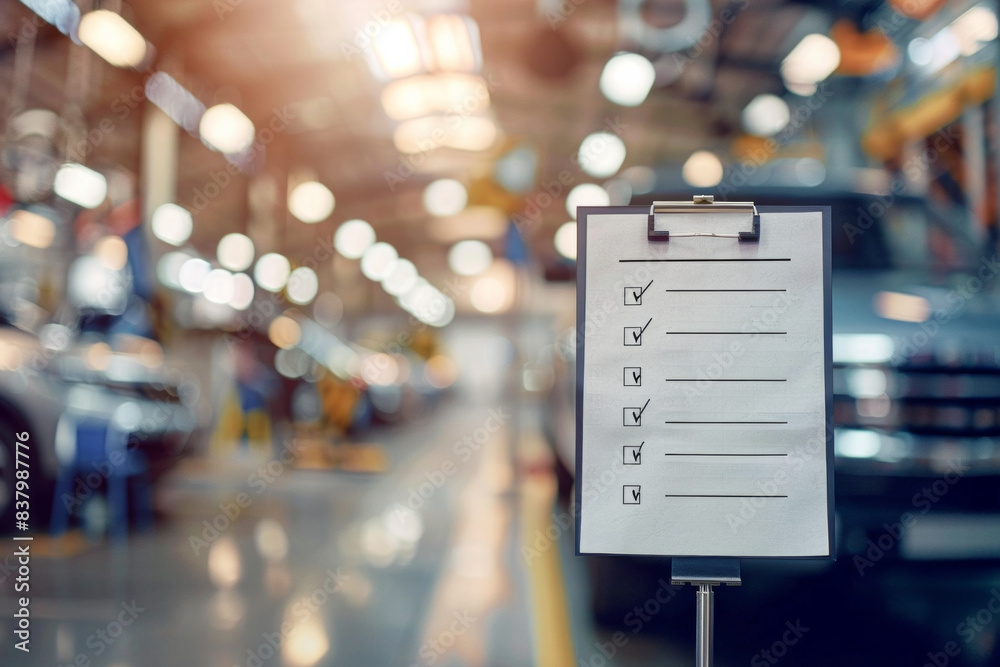 A checklist icon with blurred background of a vehicle in a factory ...