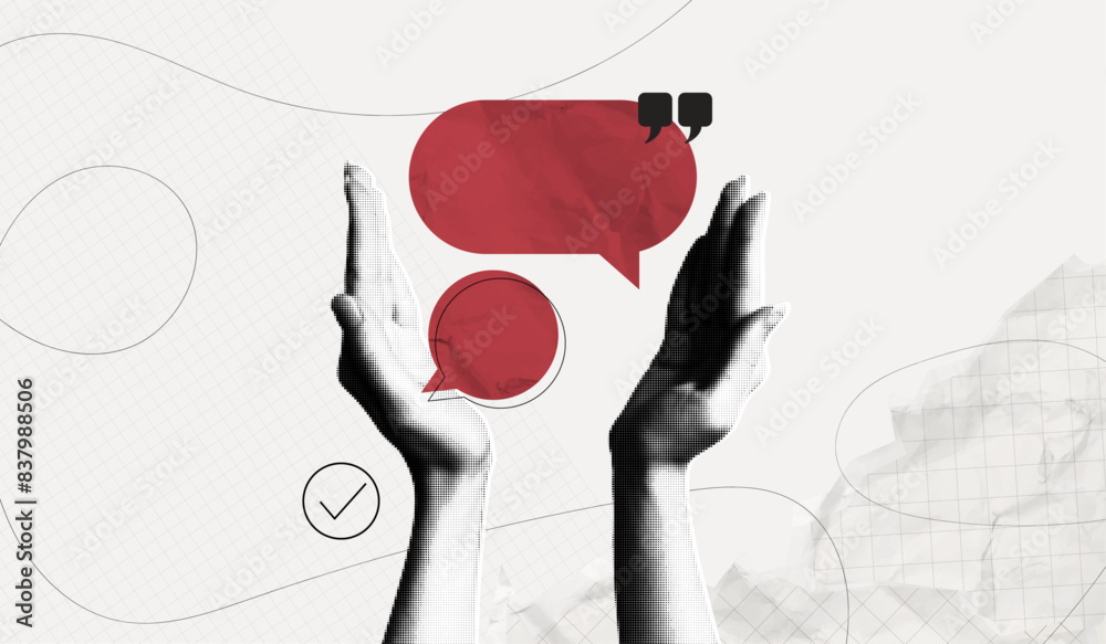 Vetor de Trendy Halftone Collage Two Hands holding speech bubble messages. Social media ...