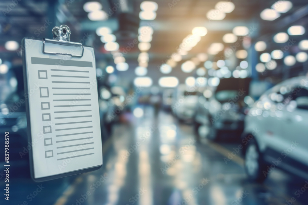 A checklist icon with blurred background of a vehicle in a factory ...