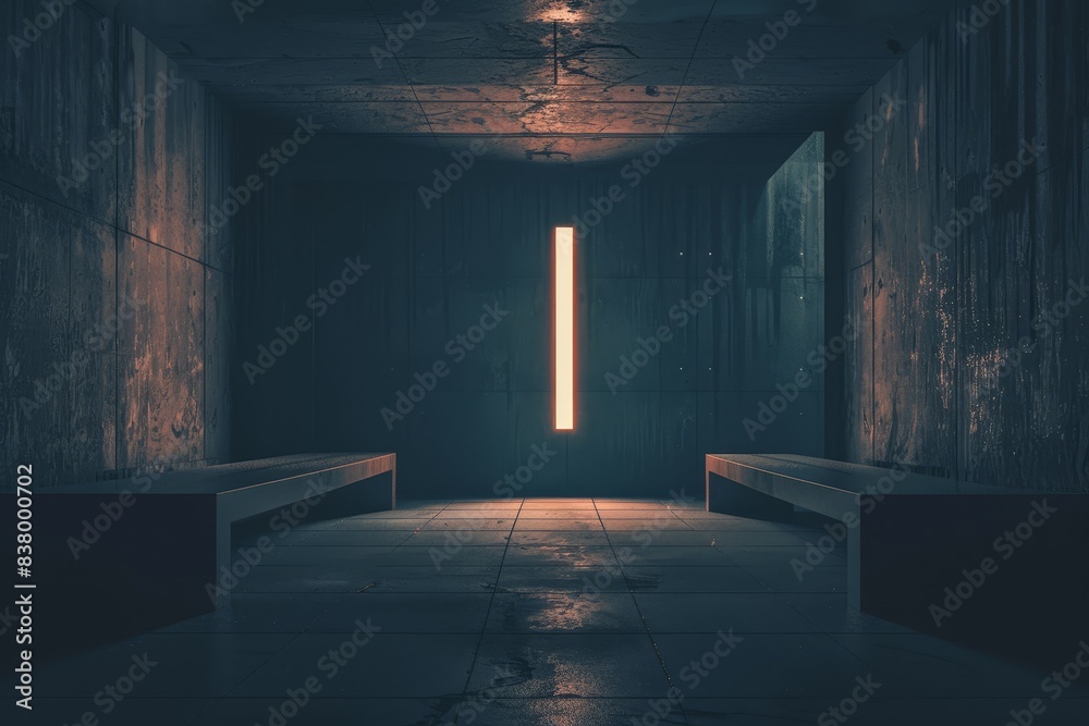 Dimly lit industrial room with two benches alongside walls and a ...