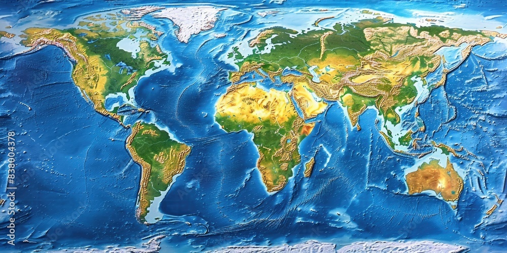 Physical map of the World, with high resolution details and land ...