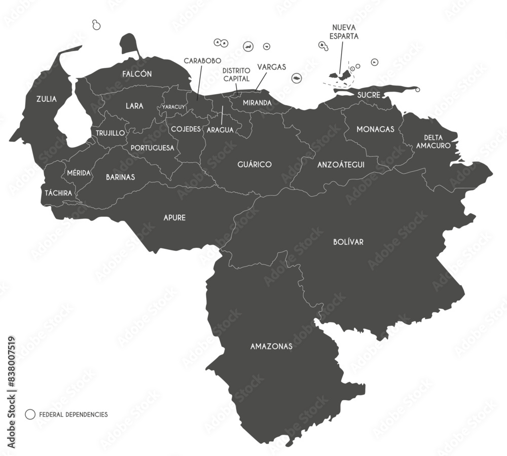 Vector map of Venezuela with states, capital district, federal ...