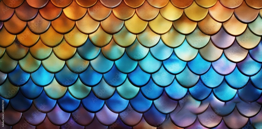 fish scale textured background with a red fish, a green fish, and a ...