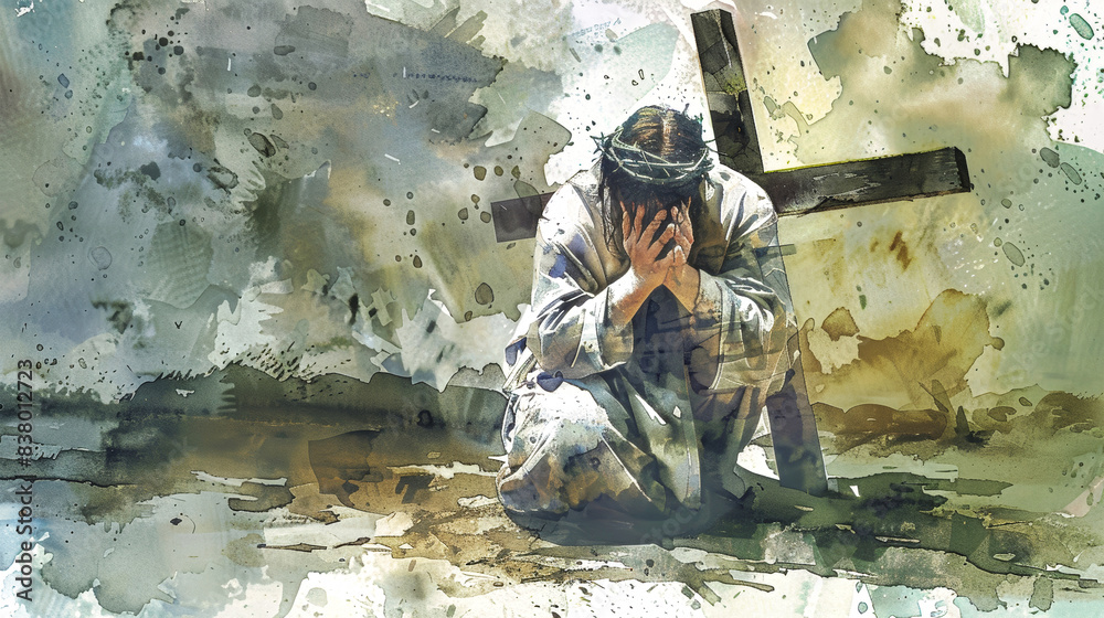 A watercolor painting depicting Jesus Christ in prayer, kneeling before ...